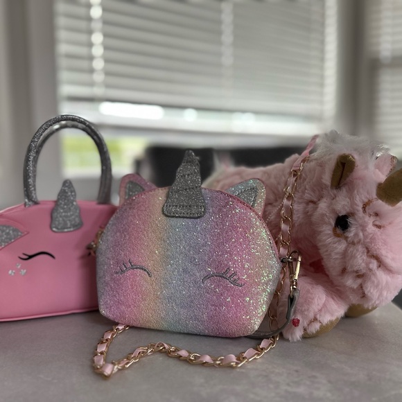 Accessories | Unicorn Glitter Kids Handbag Set Pink And Rainbow | Poshmark